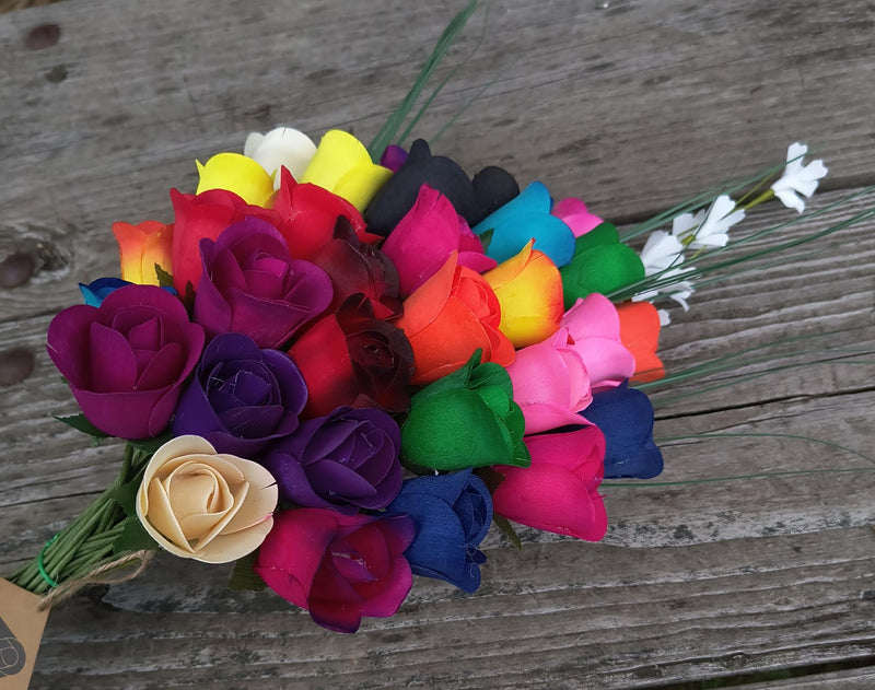 The Original Wooden Rose Bouquet of 32 Assorted Colors Half Open Roses