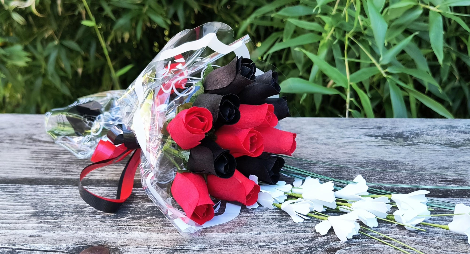 The Original Wooden Rose Black and Red Wooden Rose Bouquet (1 Dozen)