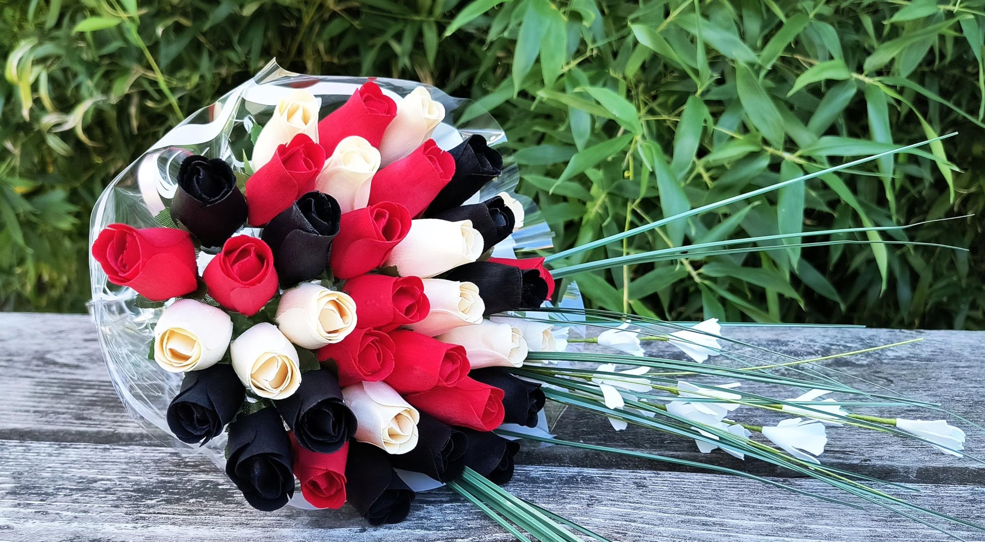 The Original Wooden Rose, Red, Black and White Wooden Rose Bouquet (3