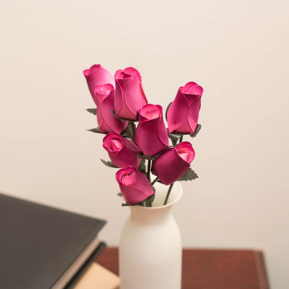 Pink/Burgundy Closed Bud Roses 8-Pack - The Original Wooden Rose